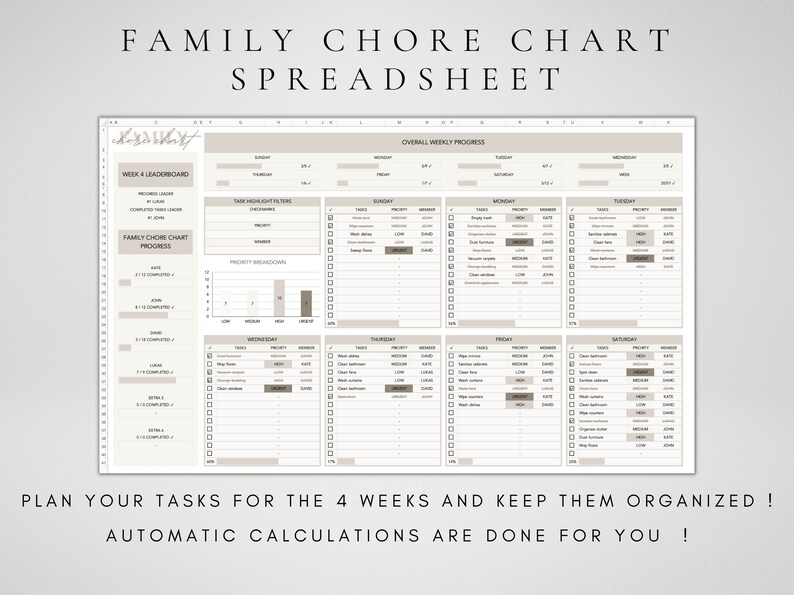 Family Chore Chart Template | Weekly Family Chore Spreadsheet | Task ...
