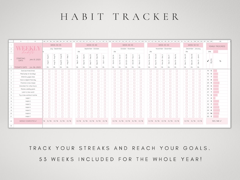 Pink Habit Tracker Spreadsheet Template| Productivity Tracker for ...