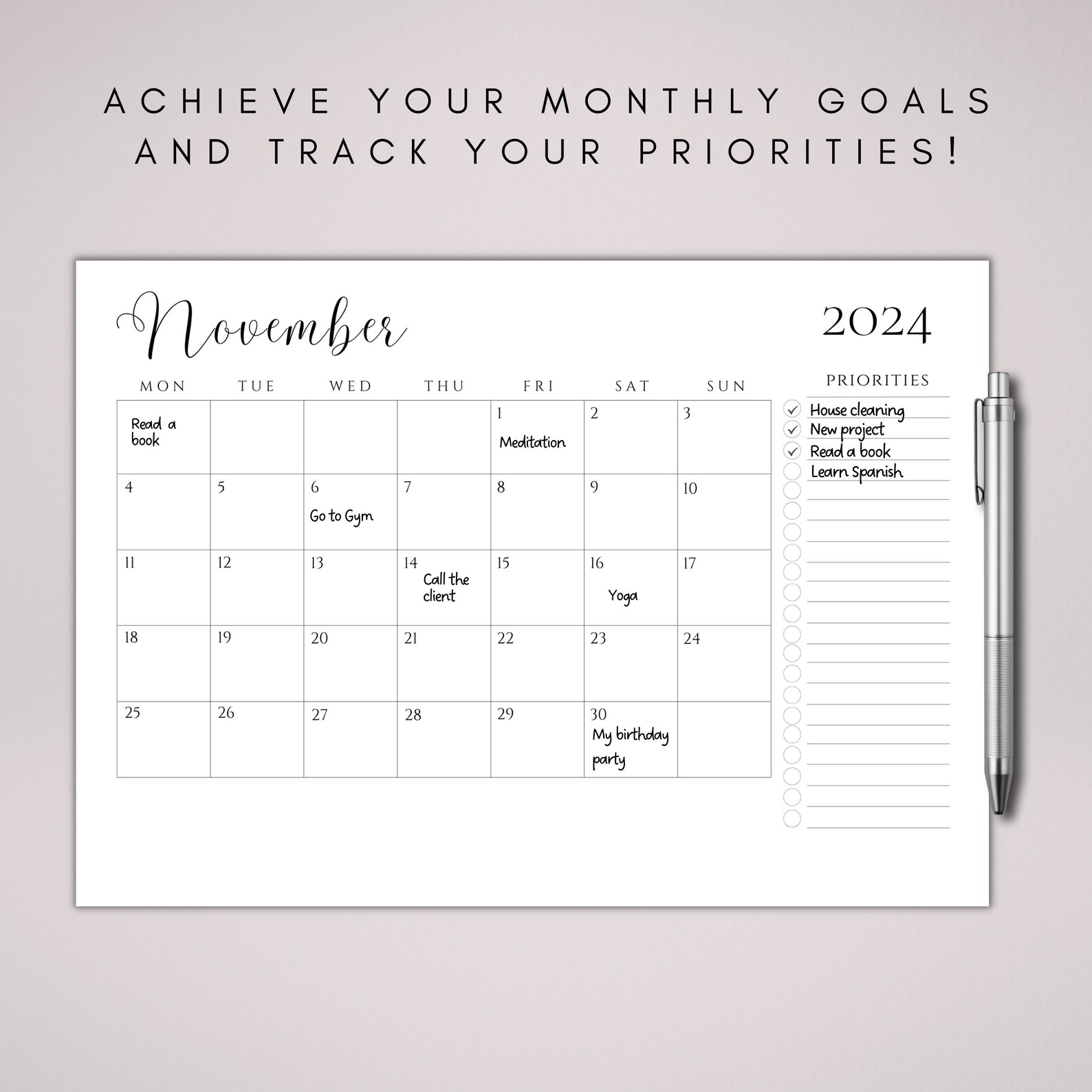 2024 Printable Monthly Planner Landscape Minimalist Black & White ...