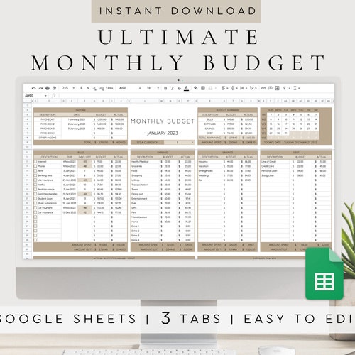 Simple Monthly Budget Spreadsheet Template for Google Sheets - Etsy