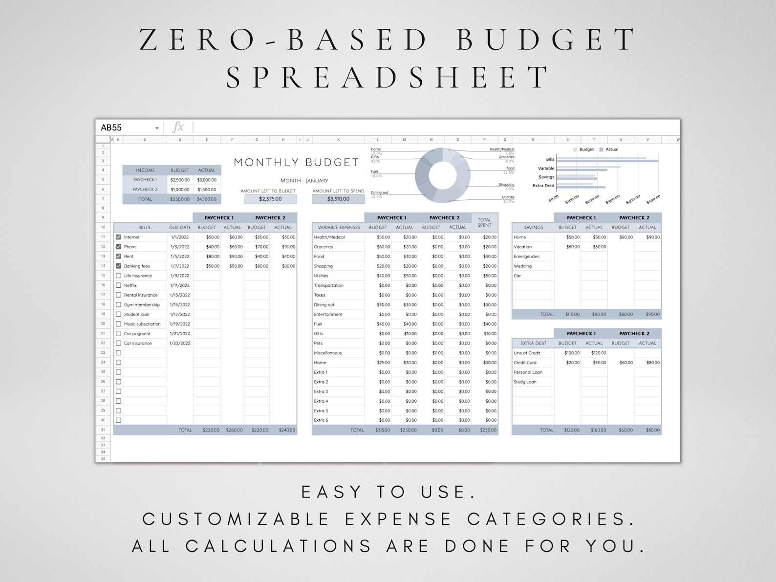 Zero-based Budget Spreadsheet Finance Template Financial | Etsy