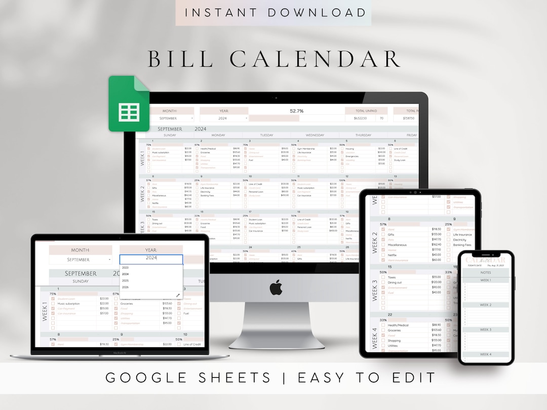 Digital Monthly Bill Calendar Template Google Sheets | Expense Tracker ...