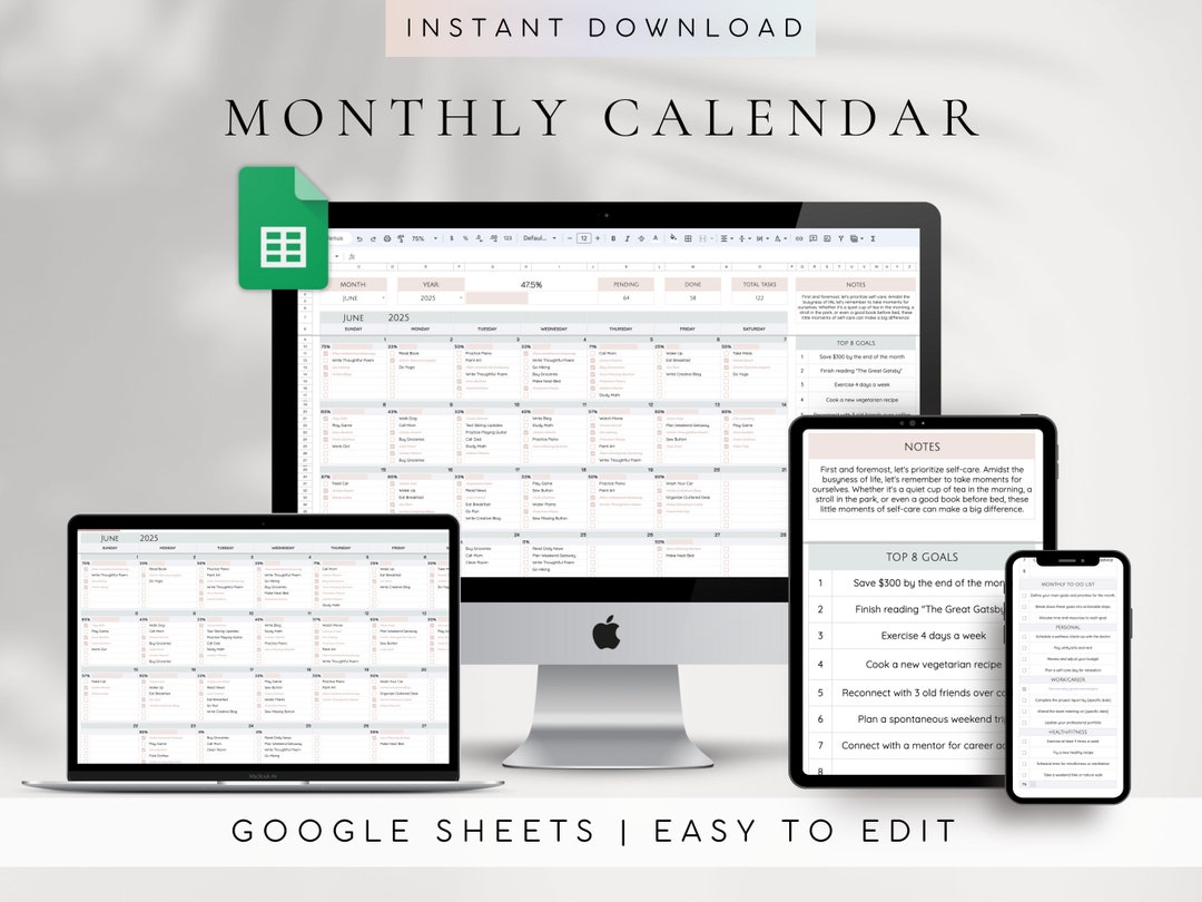 Monthly Calendar Spreadsheet Template Google Sheets | Task Tracker ...