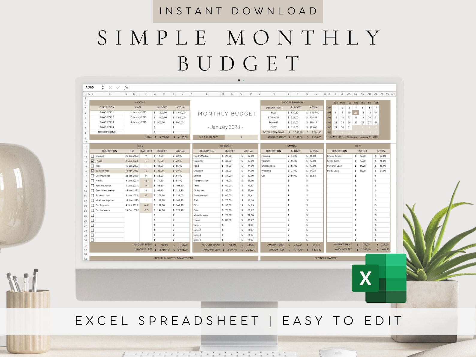 Monthly Budget Spreadsheet Template Excel Simple Budget - Etsy