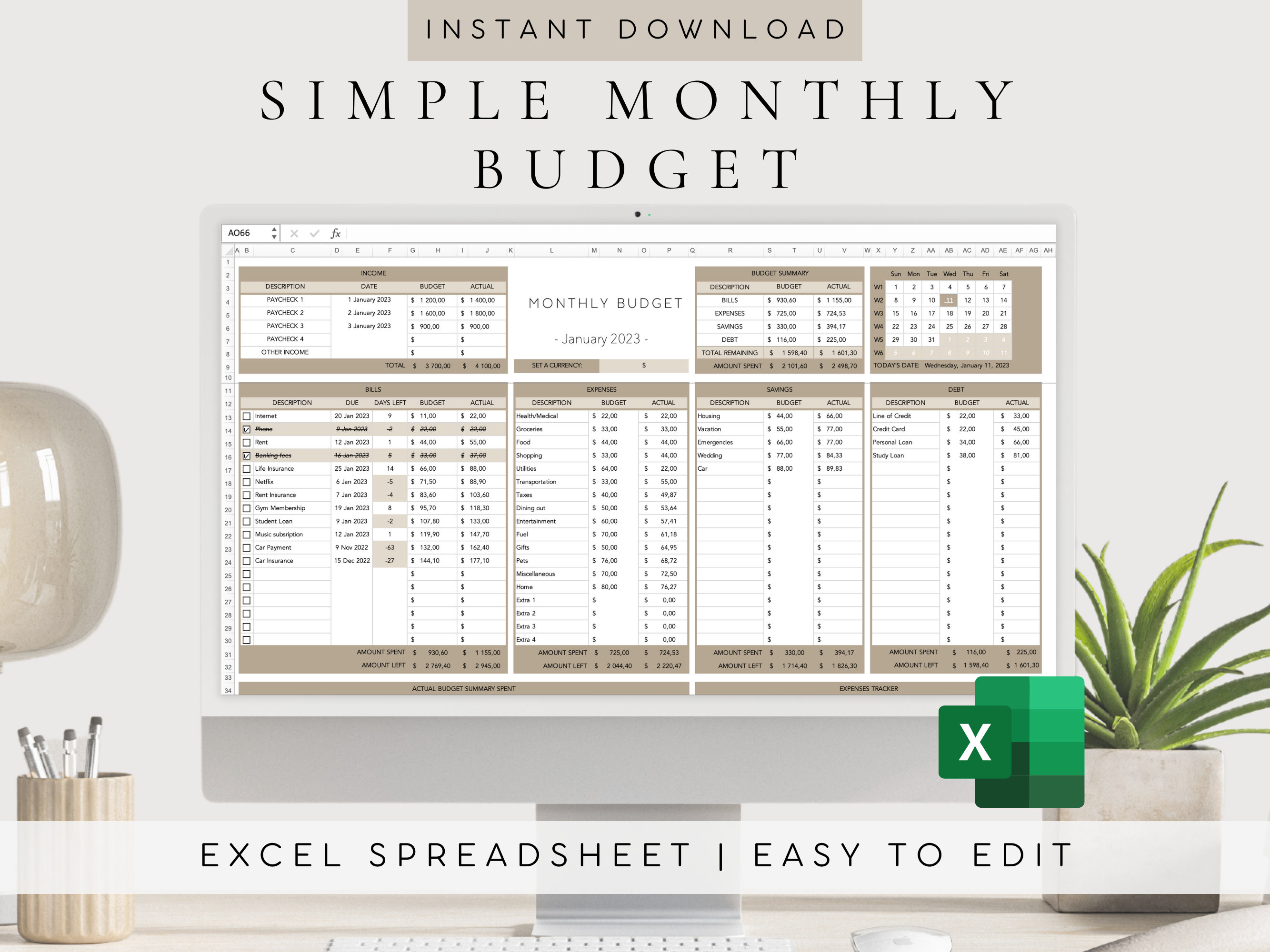 Monthly Budget Spreadsheet Template Excel Simple Budget - Etsy