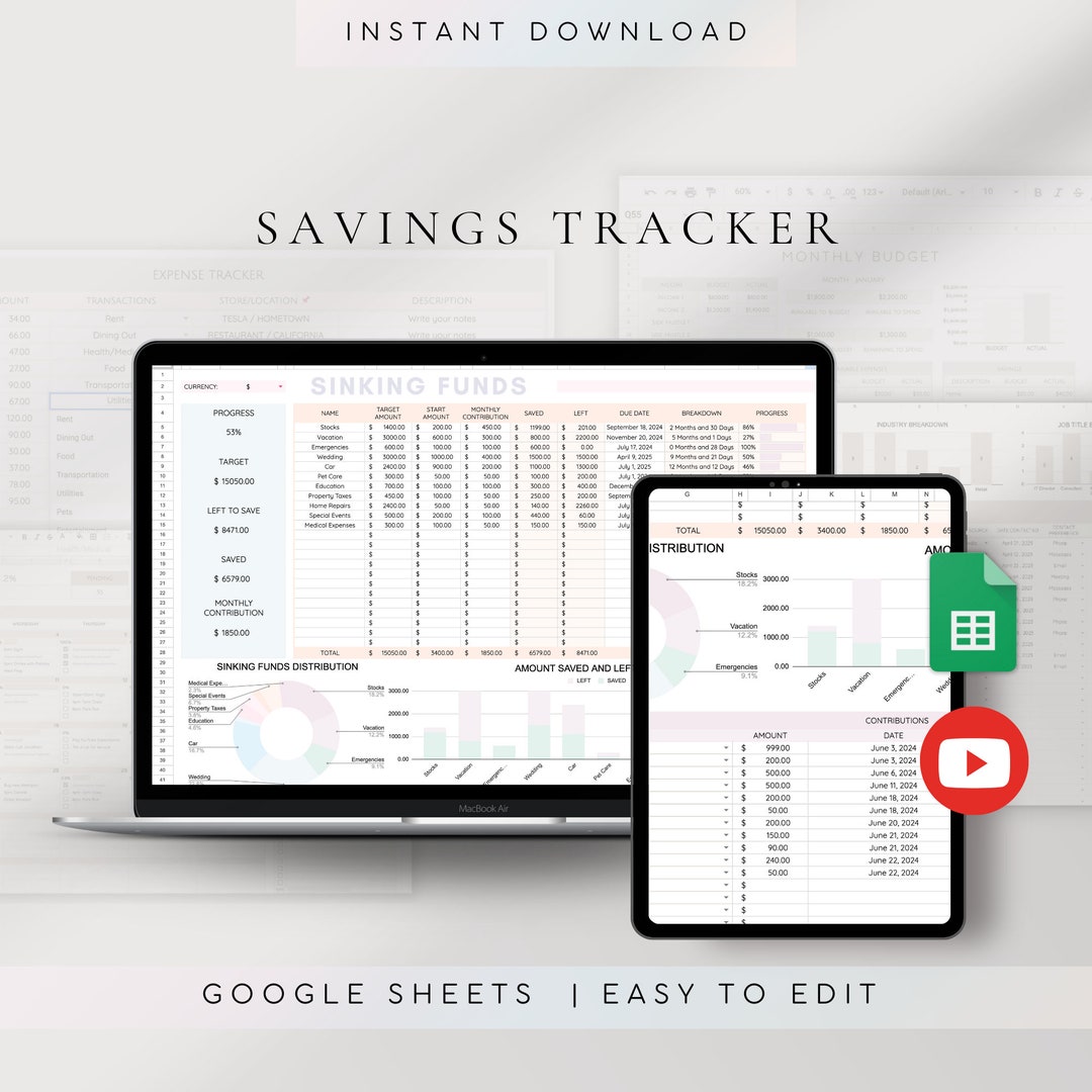 Sinking Funds Tracker Spreadsheet for Google Sheets | Savings Tracker ...