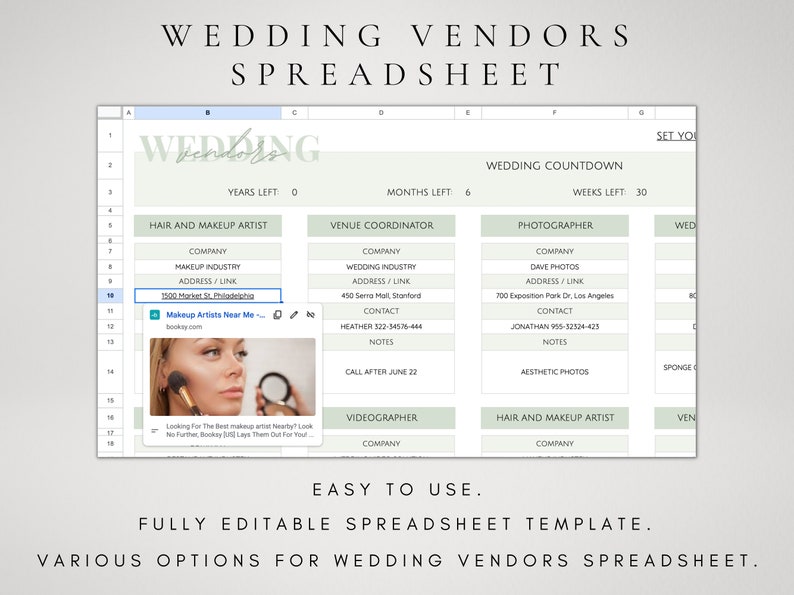 Wedding Vendor Checklist Spreadsheet Wedding Vendor Tracker - Etsy