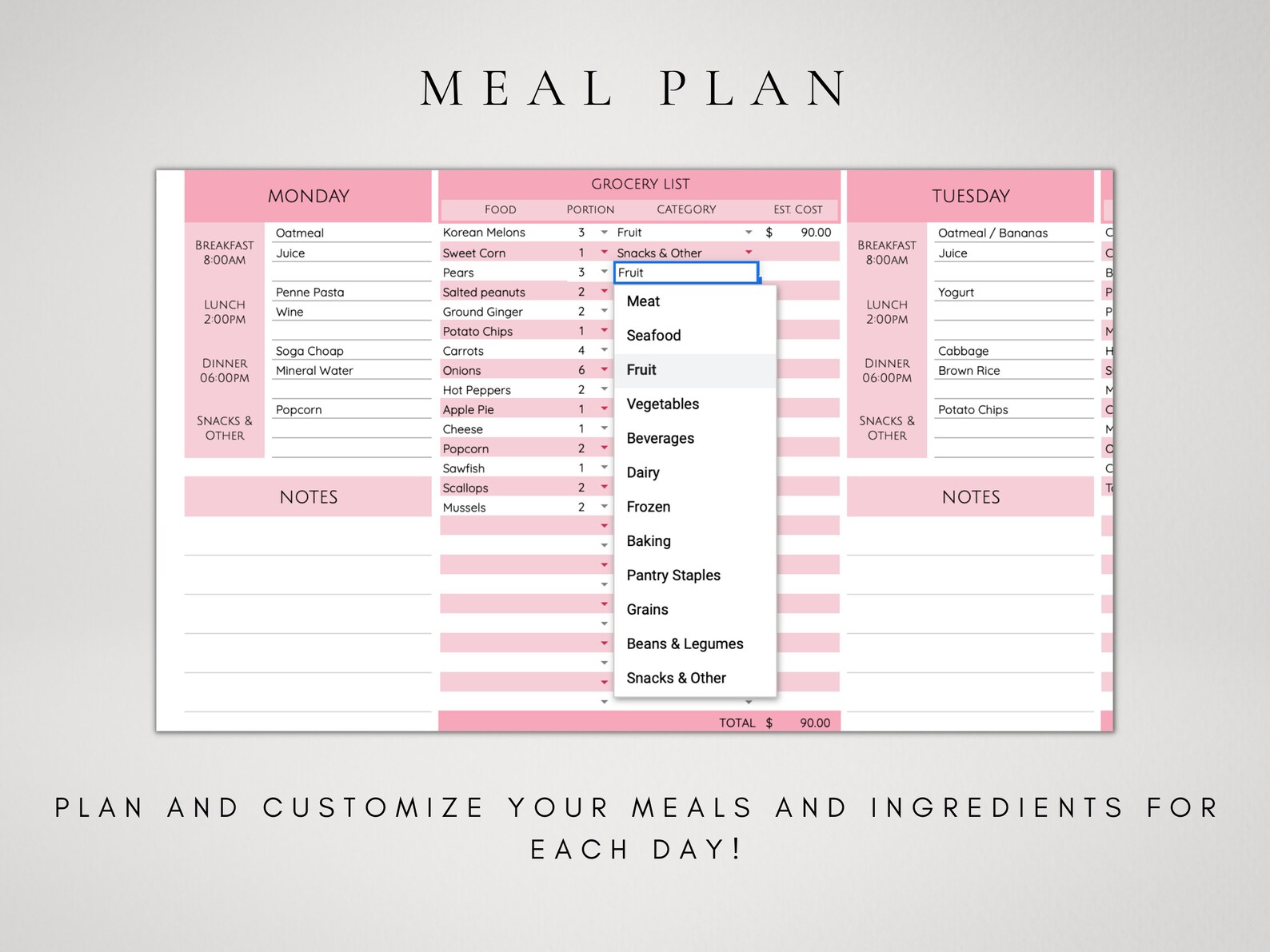 Weekly Meal Scheduler | Digital Food Organizer | Grocery Checklist ...