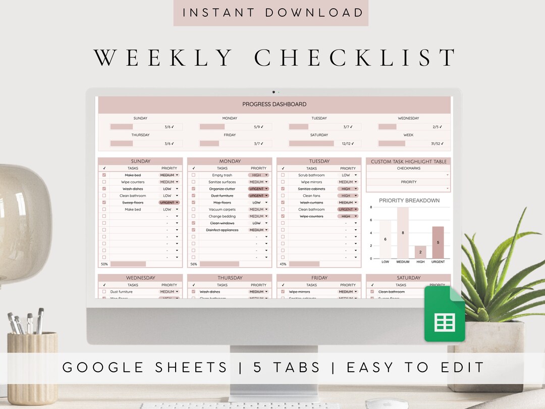 Digital Checklist Template Google Sheets | Undated Planner | Weekly ...