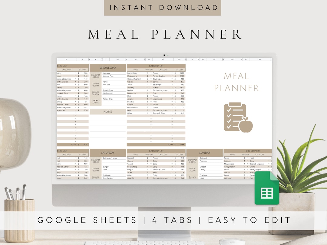 Google Sheets Meal Planner and Grocery List | Weekly Menu Planner and ...