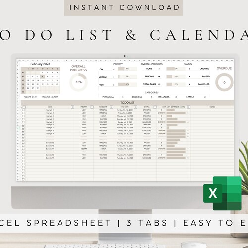 Excel to Do List Template Spreadsheet Task Planner Excel - Etsy