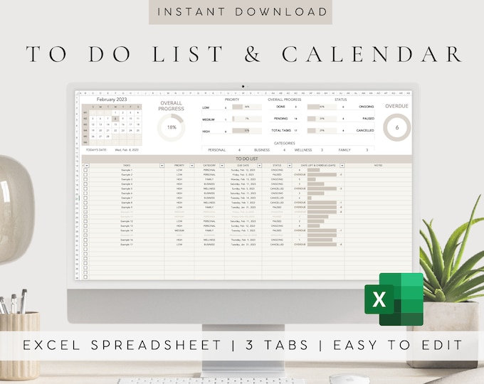 To Do List Excel Spreadsheet Digital Download Excel Template Digital to Do List Printable Task ...