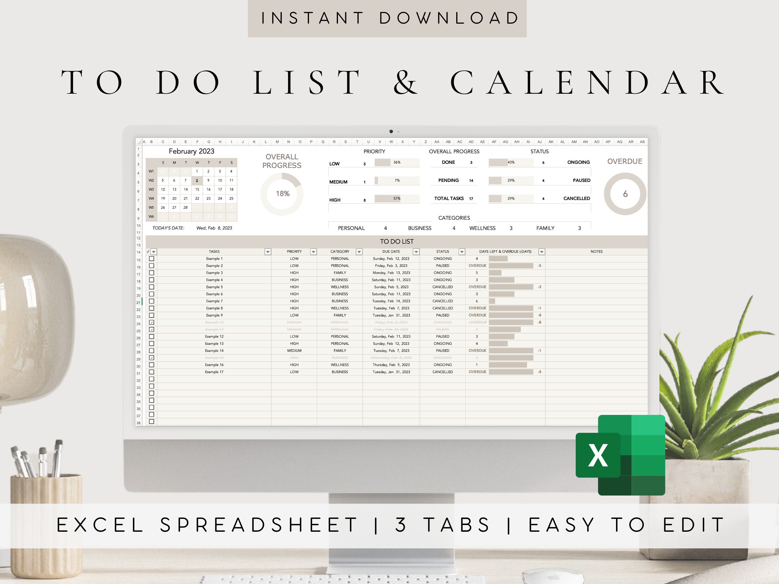 Excel to Do List Template Spreadsheet Task Planner Excel - Etsy