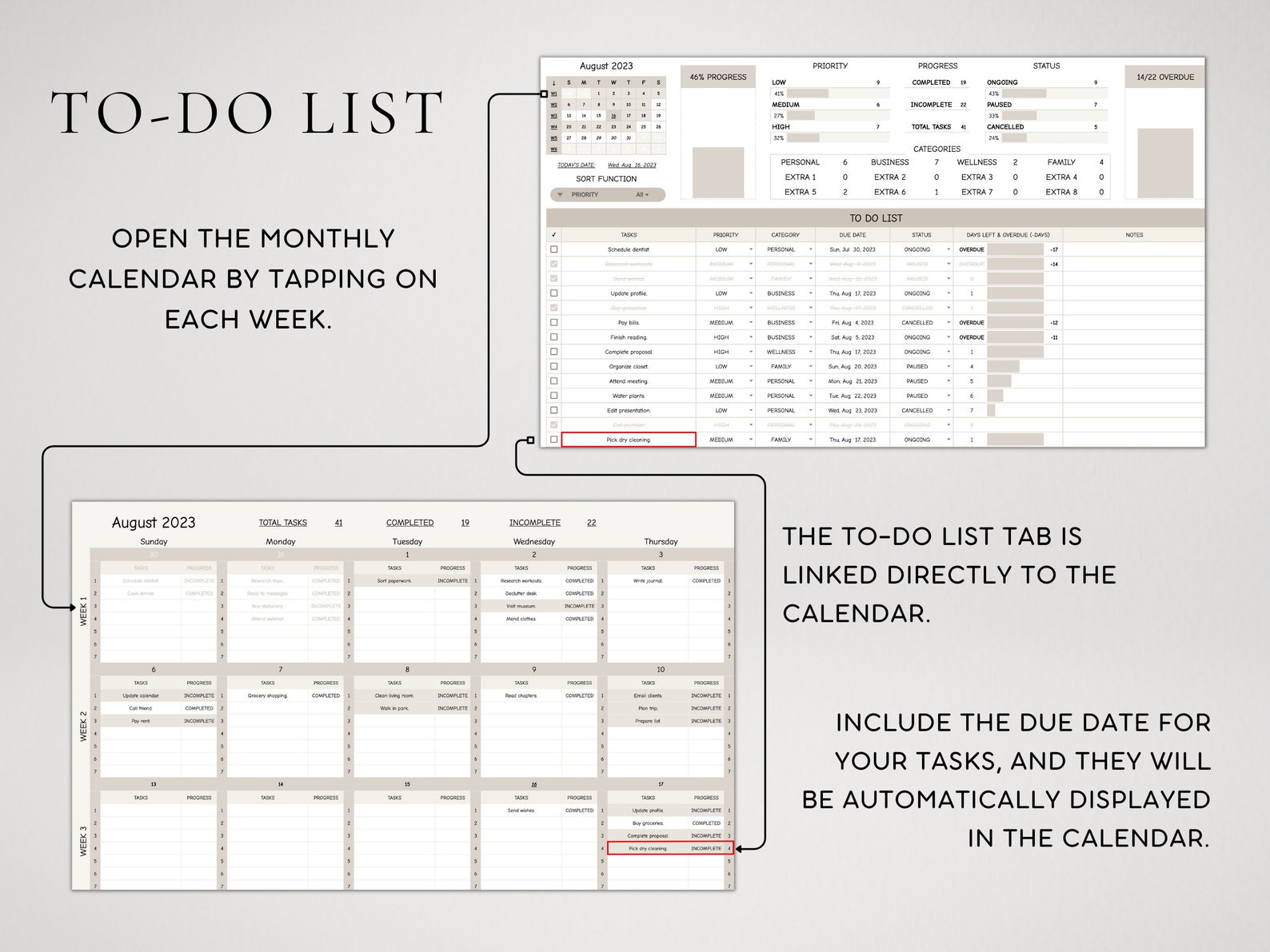Task Tracker and Smart Calendar 2024 2025 to Do List Spreadsheet ...
