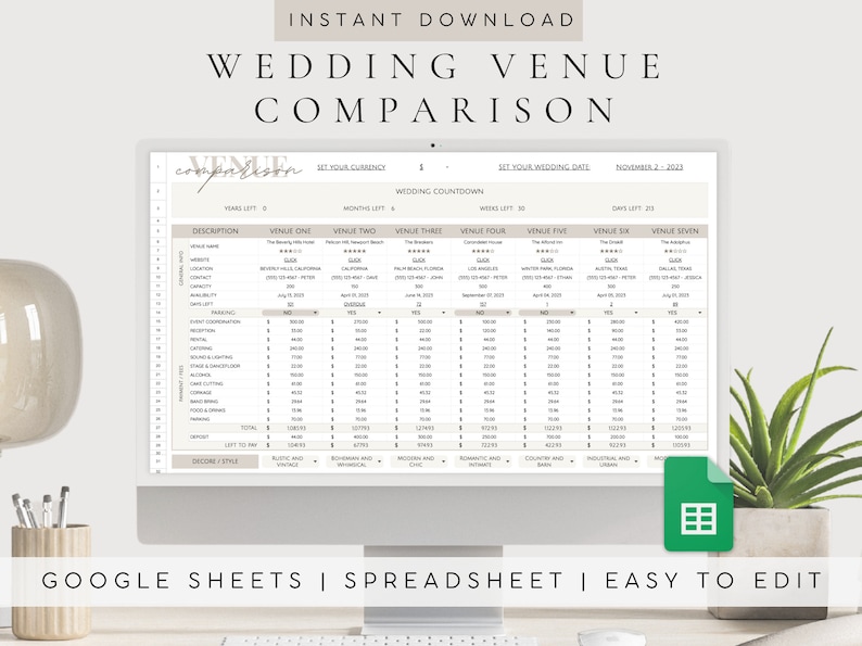 Wedding Venue Venue Comparison Spreadsheet Wedding Planner - Etsy