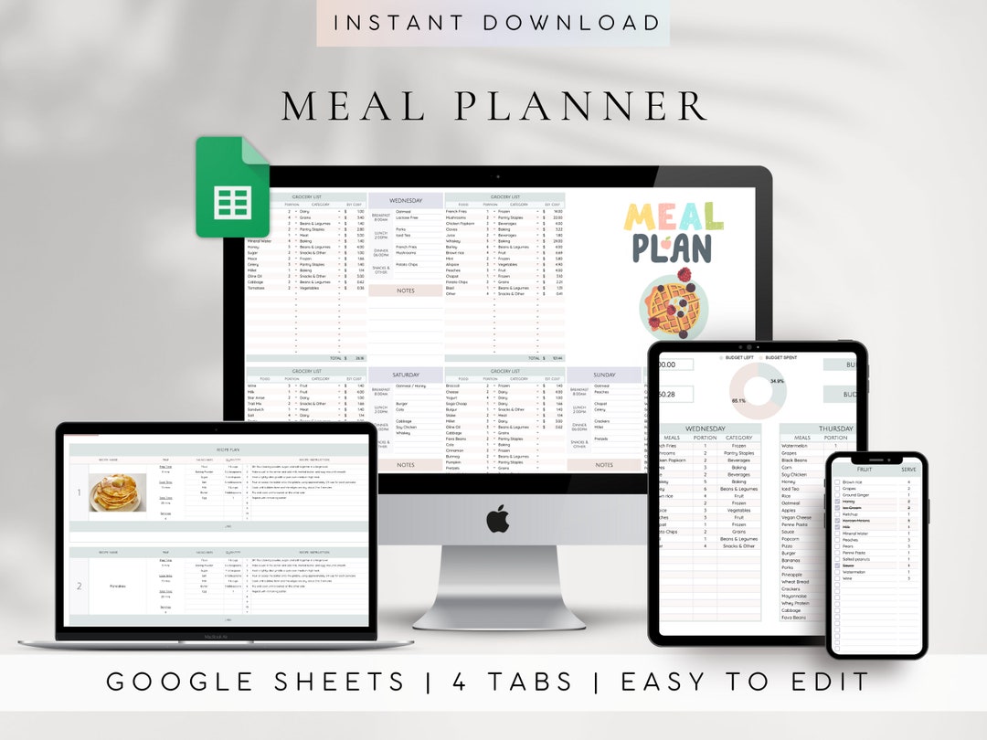 Weekly Meal Planner and Grocery List | Meal Planner Spreadsheet Google ...