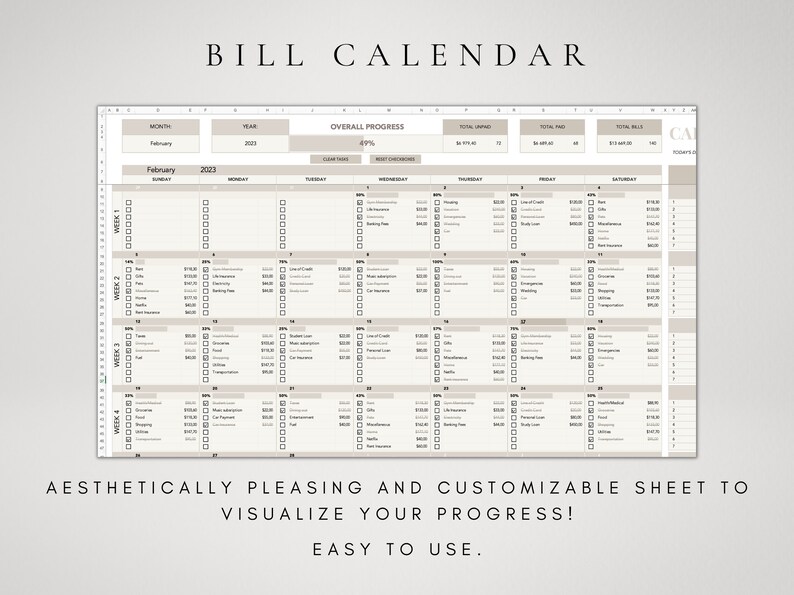 Bill Tracker Excel | Bills Calendar Monthly Budget Spreadsheet | Bills ...