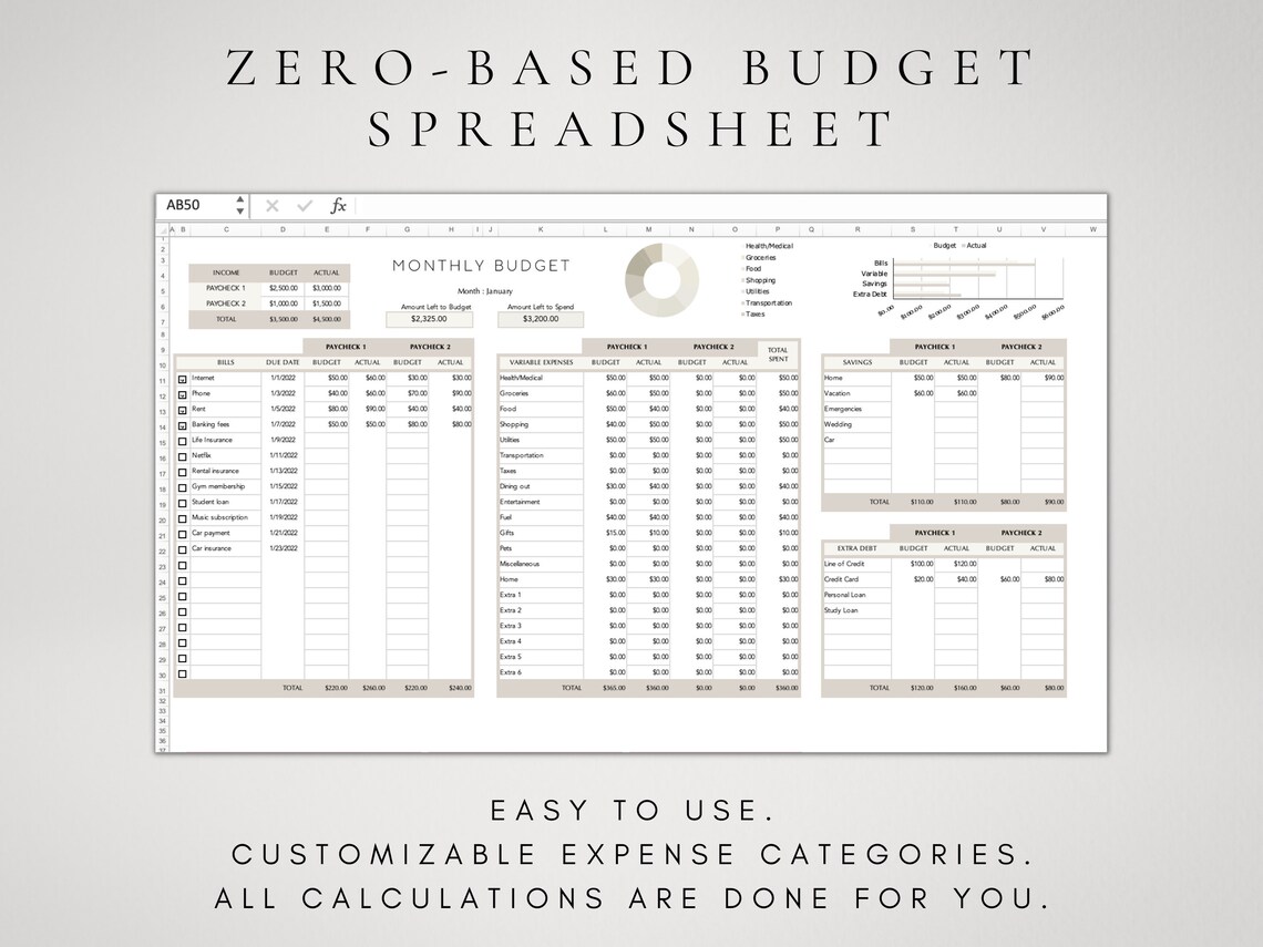 Zero-based Budget Excel Template Monthly Budget Template - Etsy