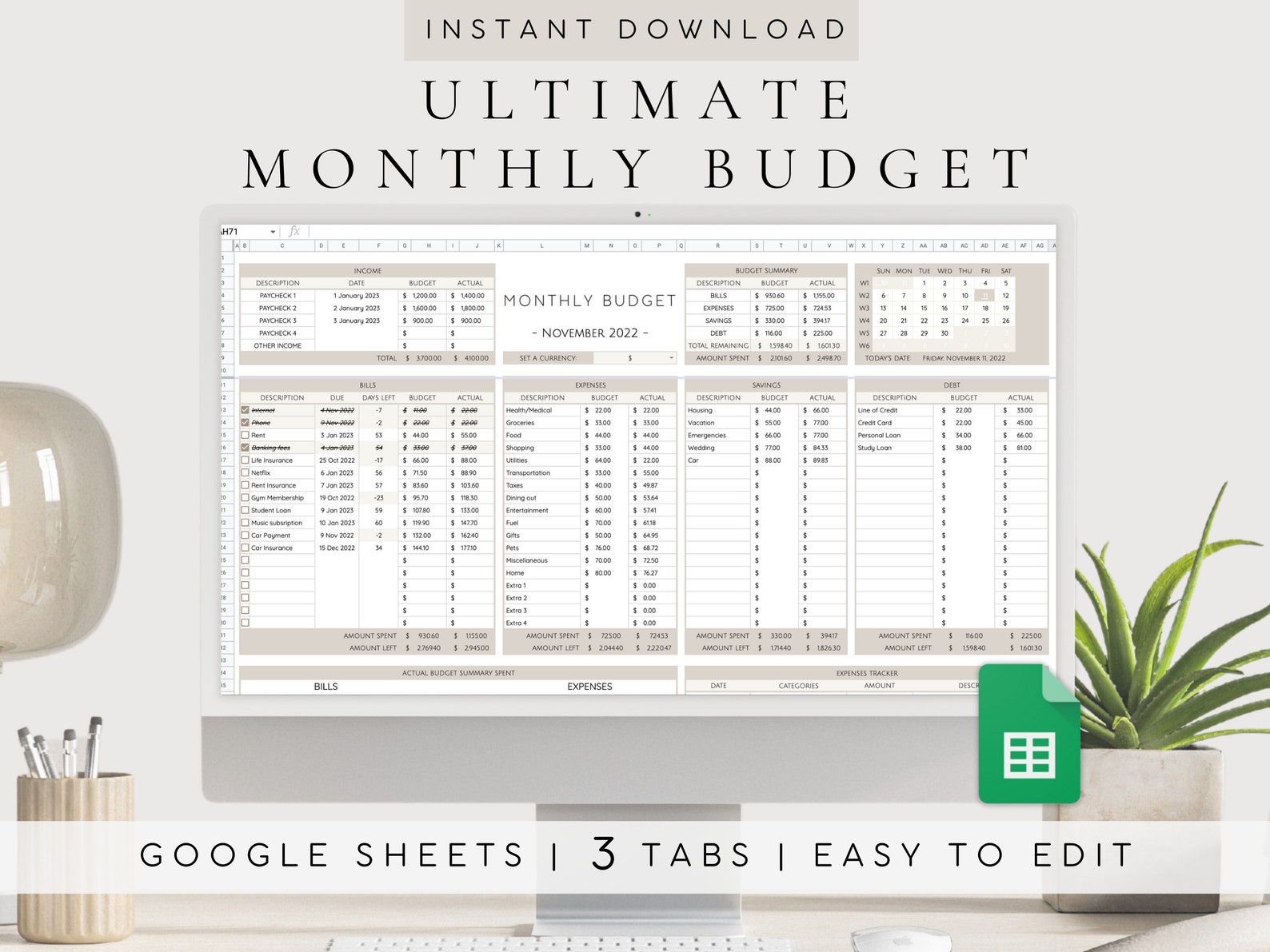 Monthly Budget Planner Budget Spreadsheet Template Finance - Etsy