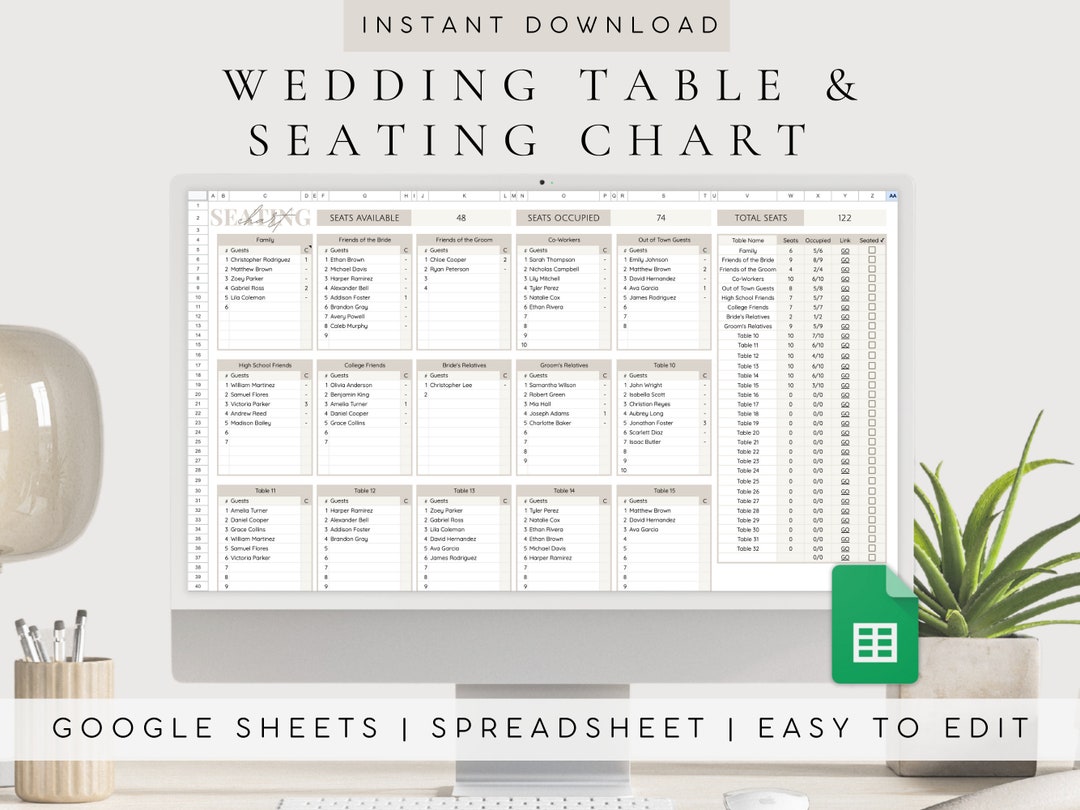 Wedding Seating Chart | Seating Arrangement | Google Sheets Digital ...