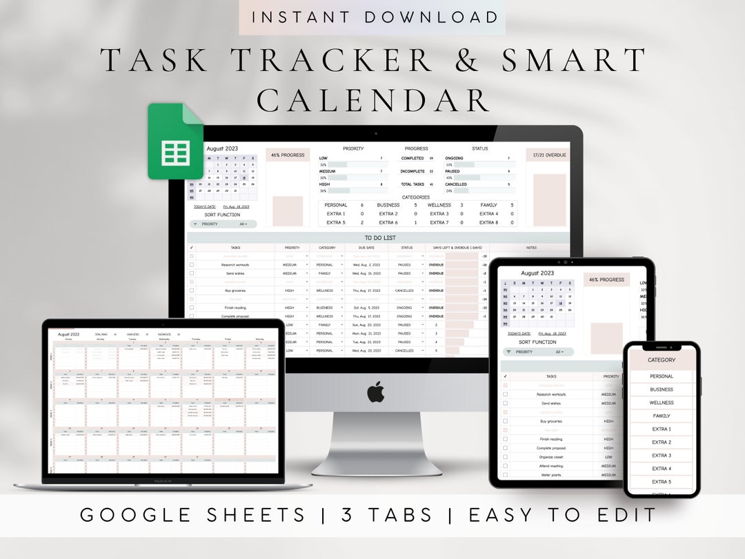 To-do List and Smart Calendar Spreadsheet Template Google Sheets | Task ...
