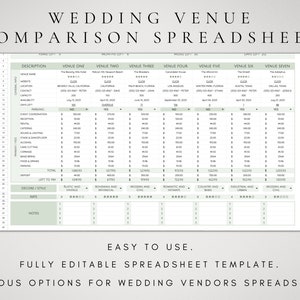 Wedding Venue Comparison Digital Download Spreadsheet | Simple ...