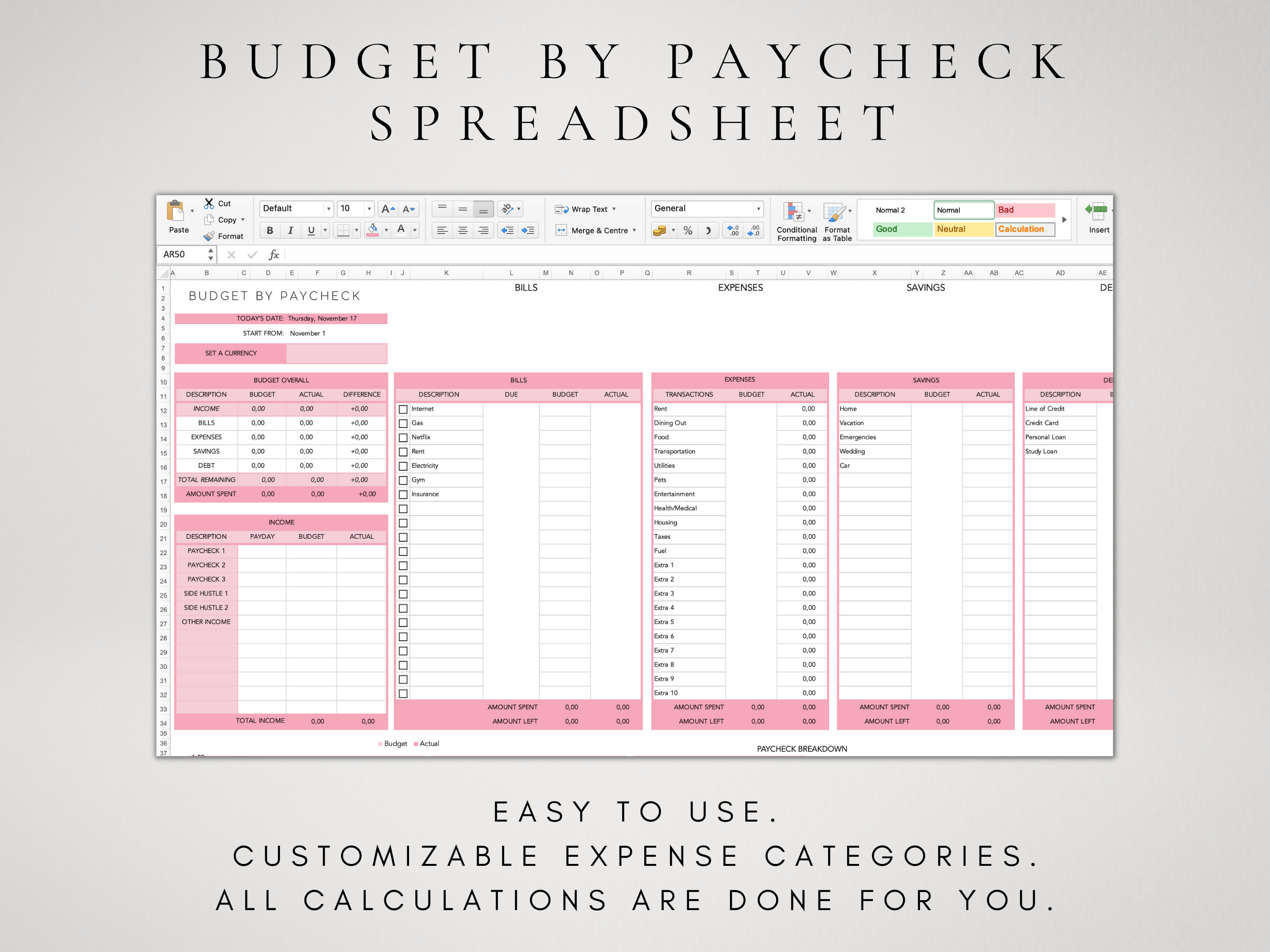 Budget by Paycheck Excel Monthly Budget Planner Template - Etsy