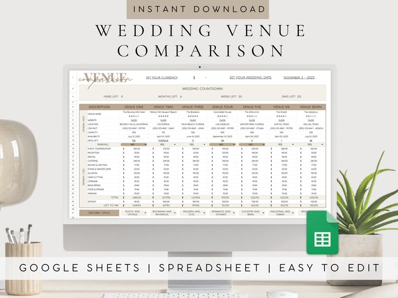 Wedding Venue Comparison Spreadsheet | Planning Budget Checklist ...