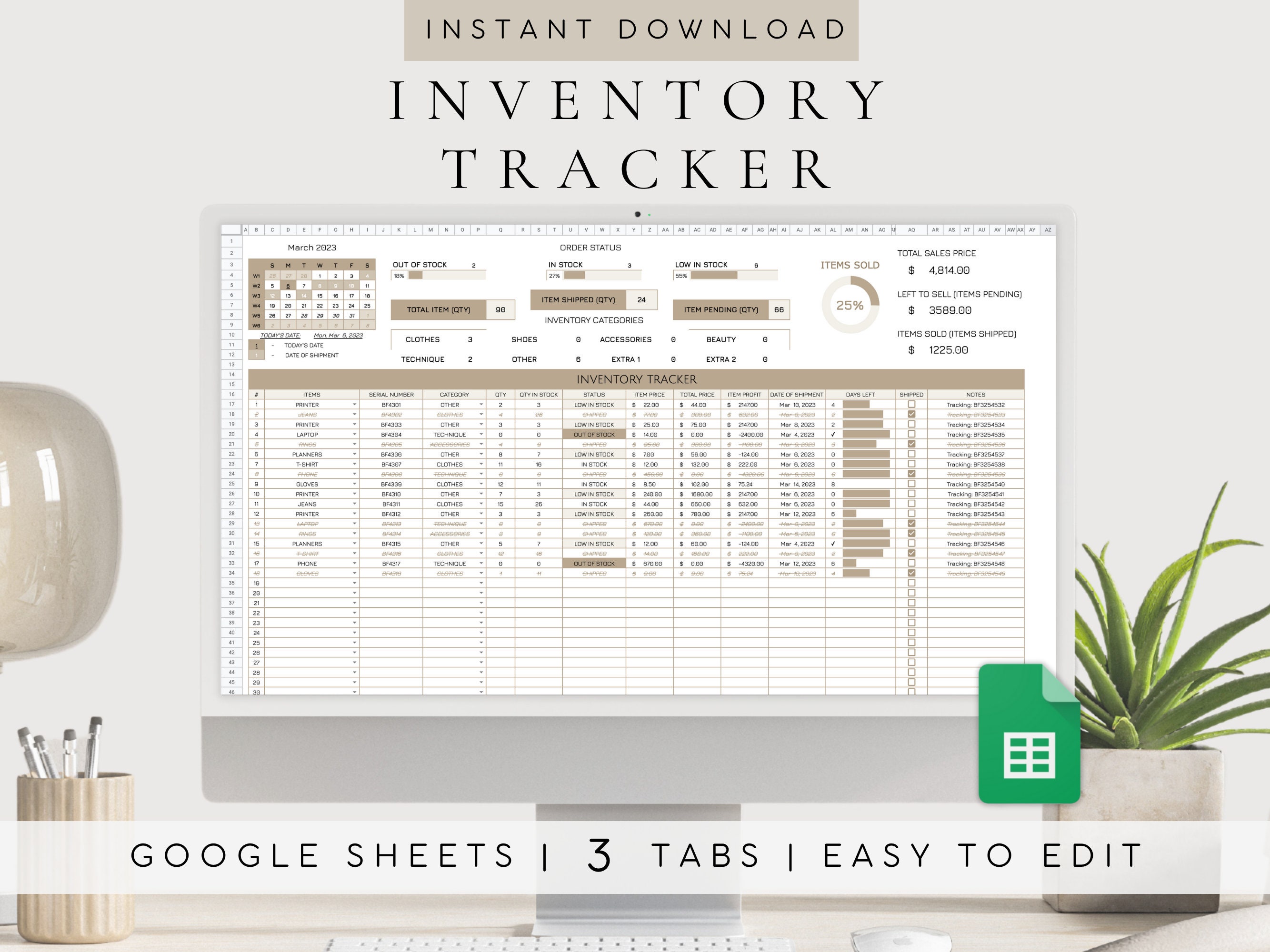 Google Sheets Inventory Tracker Spreadsheet | Product Management Tool ...