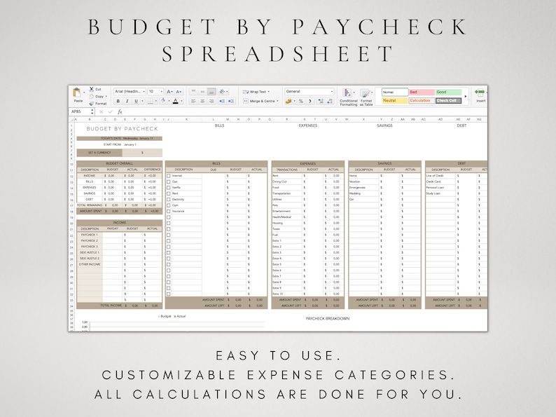 Paycheck Budget Template Spreadsheet Excel Budget by - Etsy