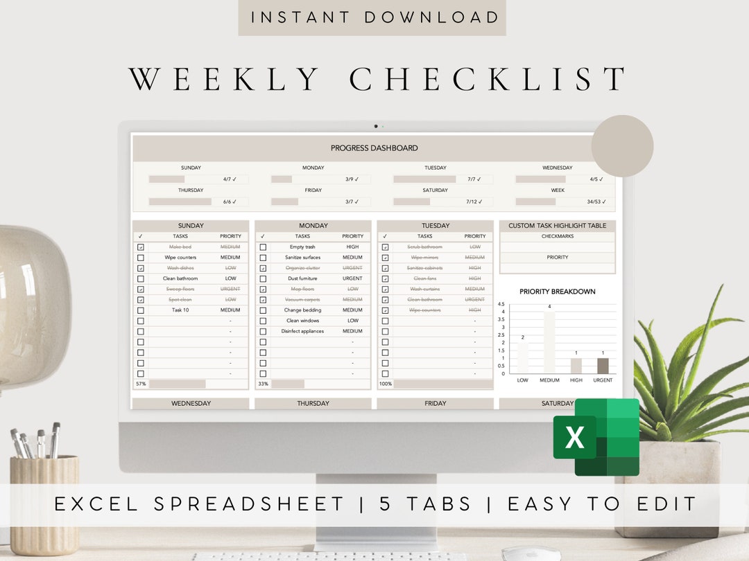 Digital Weekly Planner | Checklist Template Excel | to Do List Template ...