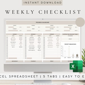 Digital Weekly Planner | Checklist Template Excel | to Do List Template ...