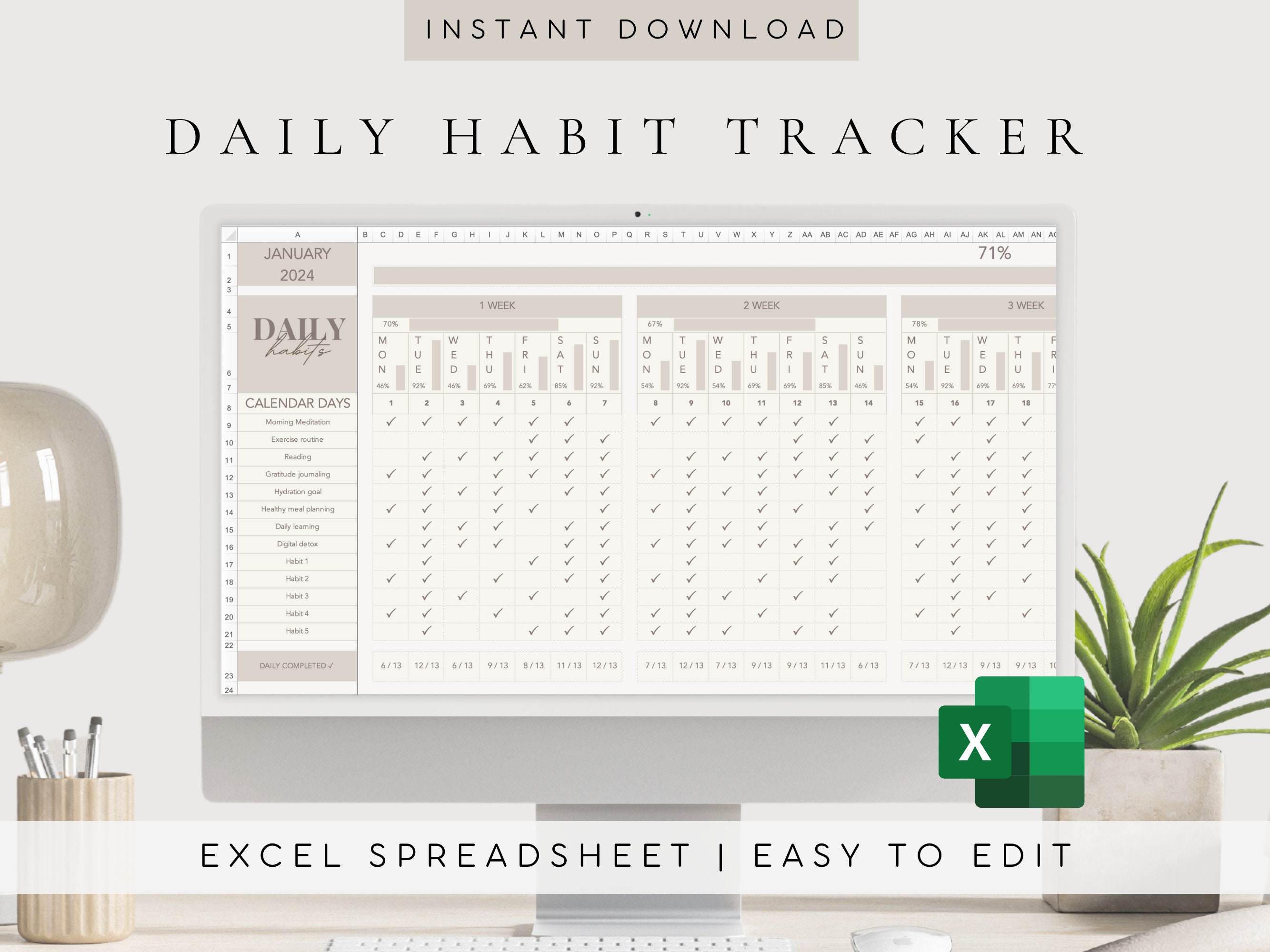 Digital Habit Tracker Excel Sheet Template Daily Weekly - Etsy