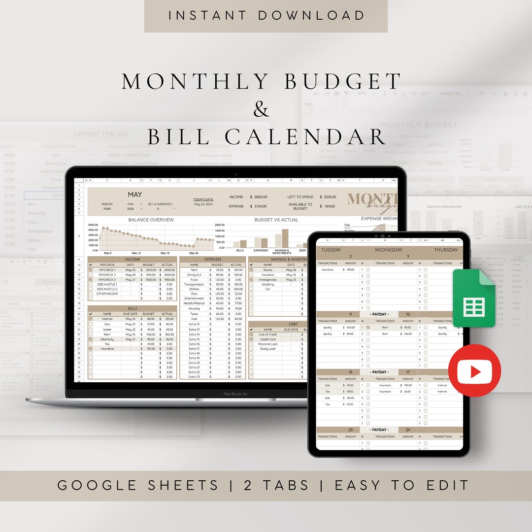 Digital Monthly Budget Planner | Bill Calendar 2026 | Google Sheets ...