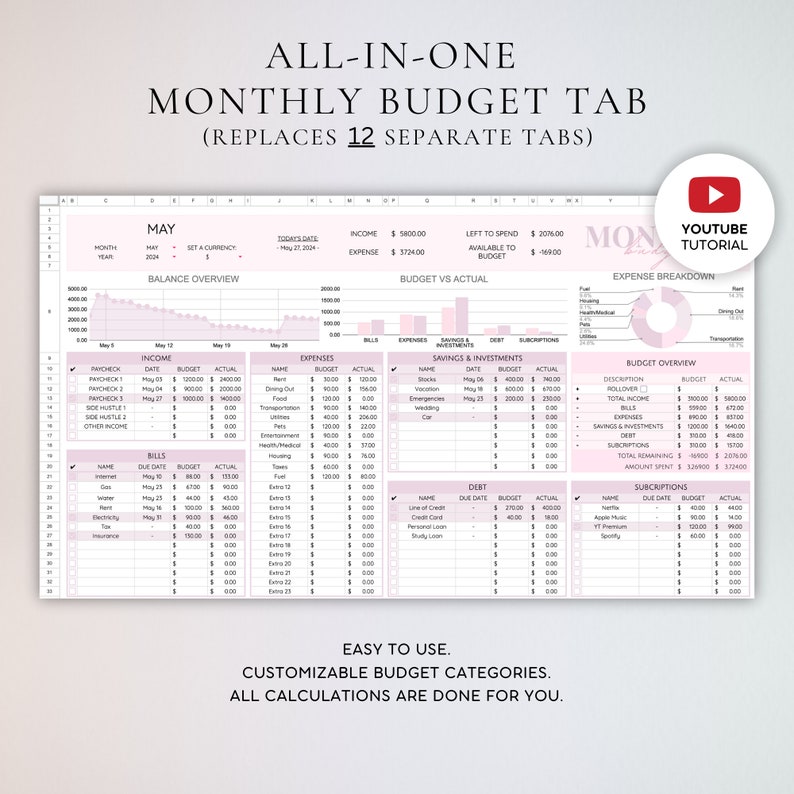 Monthly Budget Spreadsheet Template Google Sheets | Simple Budget ...