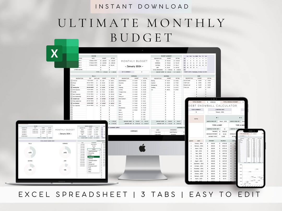 Excel Budget Spreadsheet for Expenses | Monthly Budget Template | Debt ...