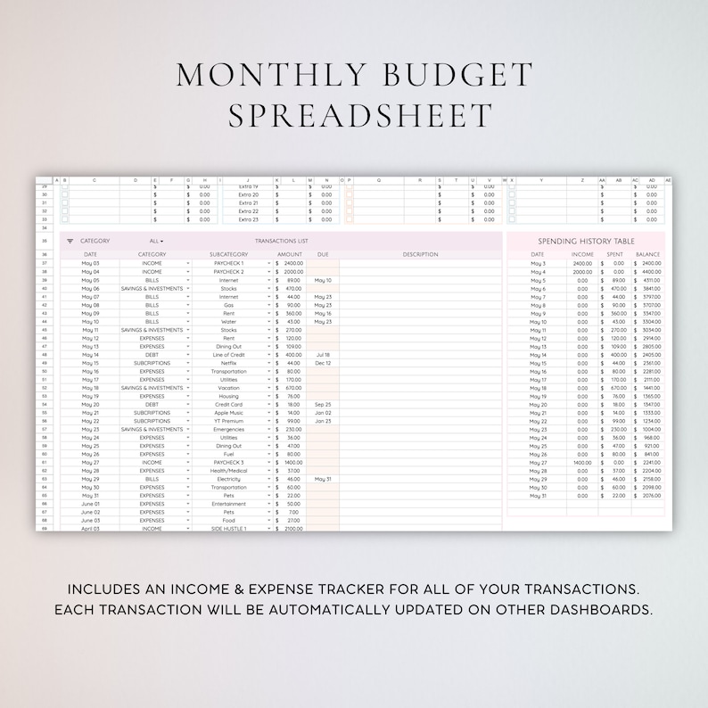 Monthly Budget & Bill Calendar Spreadsheet, Income Expense Tracker ...