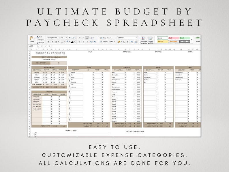 Ultimate Paycheck Budget Spreadsheet Template Excel Monthly - Etsy