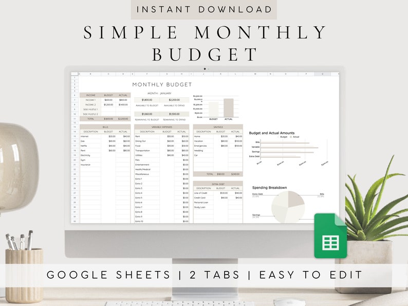 Simple Monthly Budget Spreadsheet Google Sheet Budget - Etsy