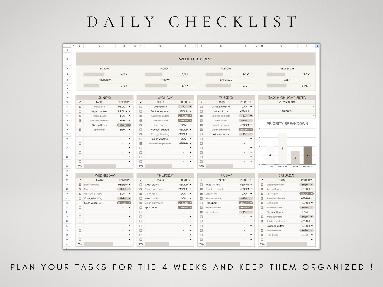 Daily Weekly Checklist Spreadsheet | Google Sheets Task Tracker List ...