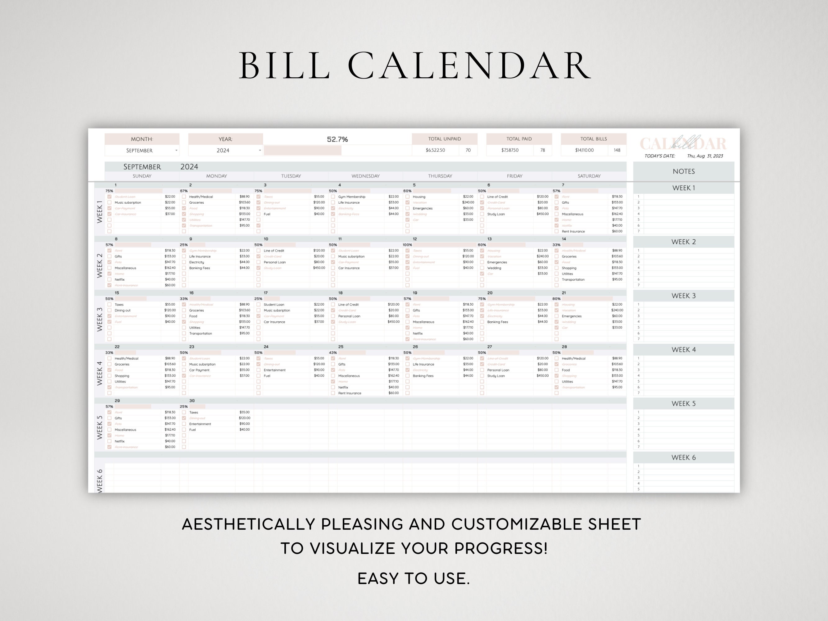 Digital Monthly Bill Calendar Template Google Sheets | Expense Tracker ...