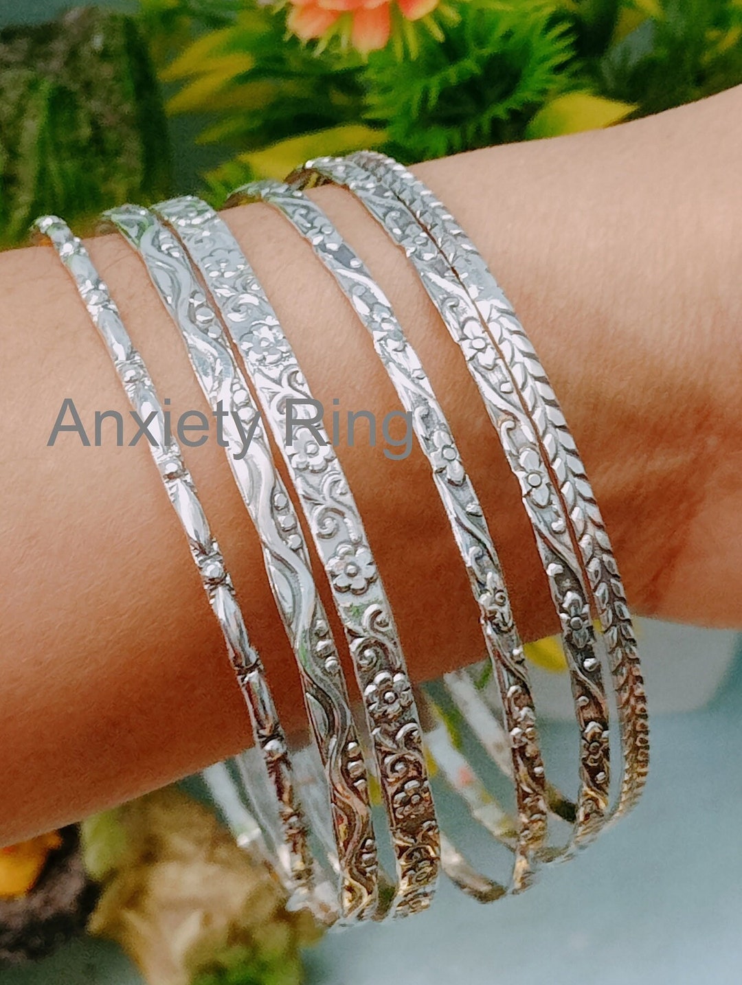 Sterling Silver Stacking Bangles: Set of 6 Leaf & Fish Design - Etsy