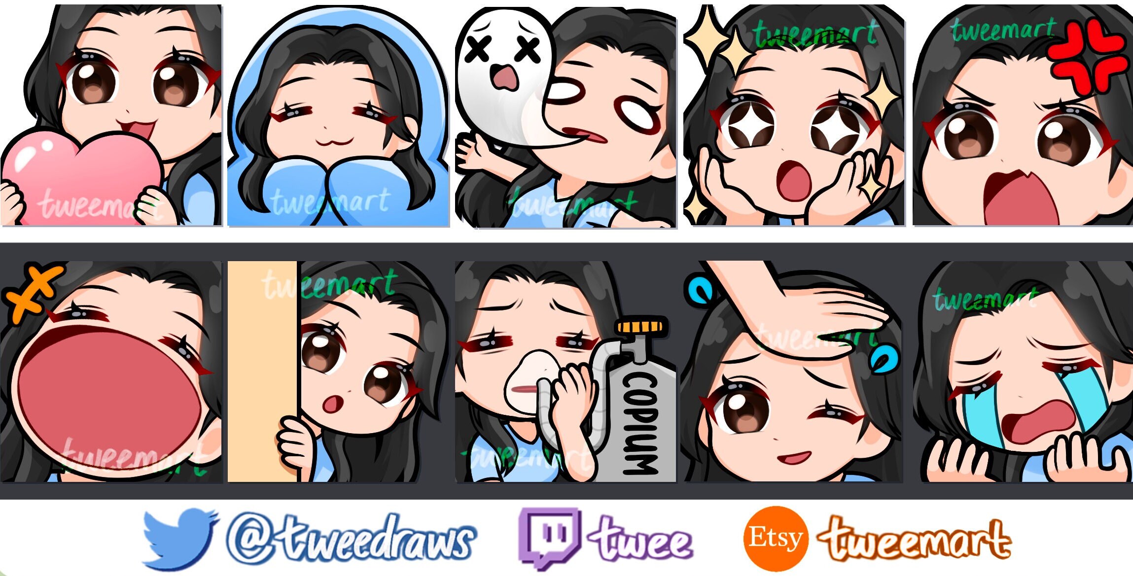 10 Black Hair Brown-eyed Streamer Girl Emotes (blue Shirt Ver.) - Etsy