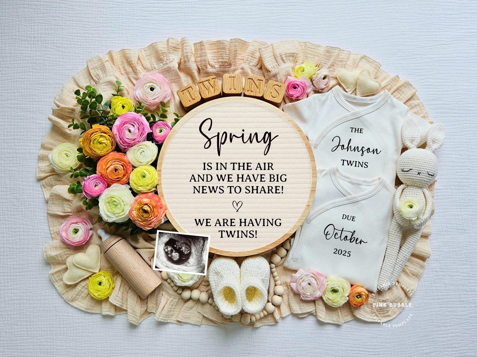 Spring Twin Pregnancy Announcement Digital Twin Baby Announcement ...