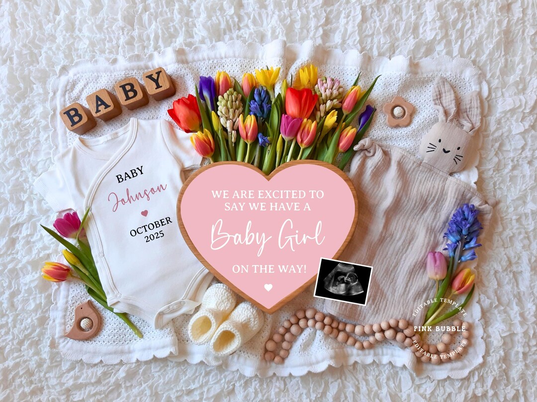 Spring Pregnancy Announcement Digital Baby Girl Announcement Editable ...