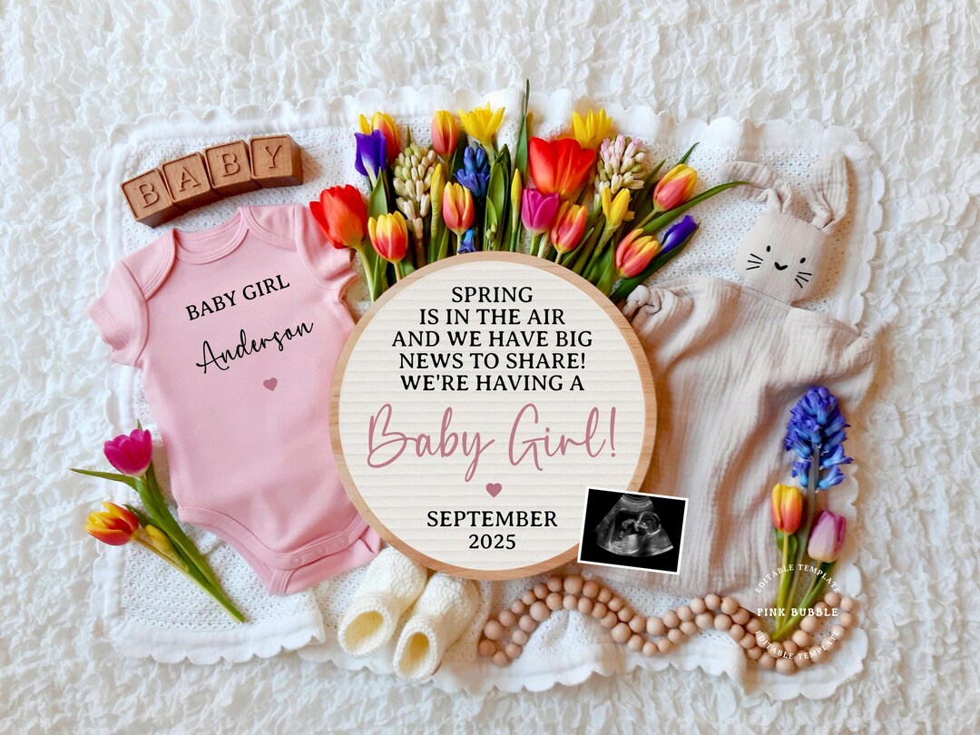 Spring Pregnancy Announcement Digital Baby Girl Announcement Editable ...