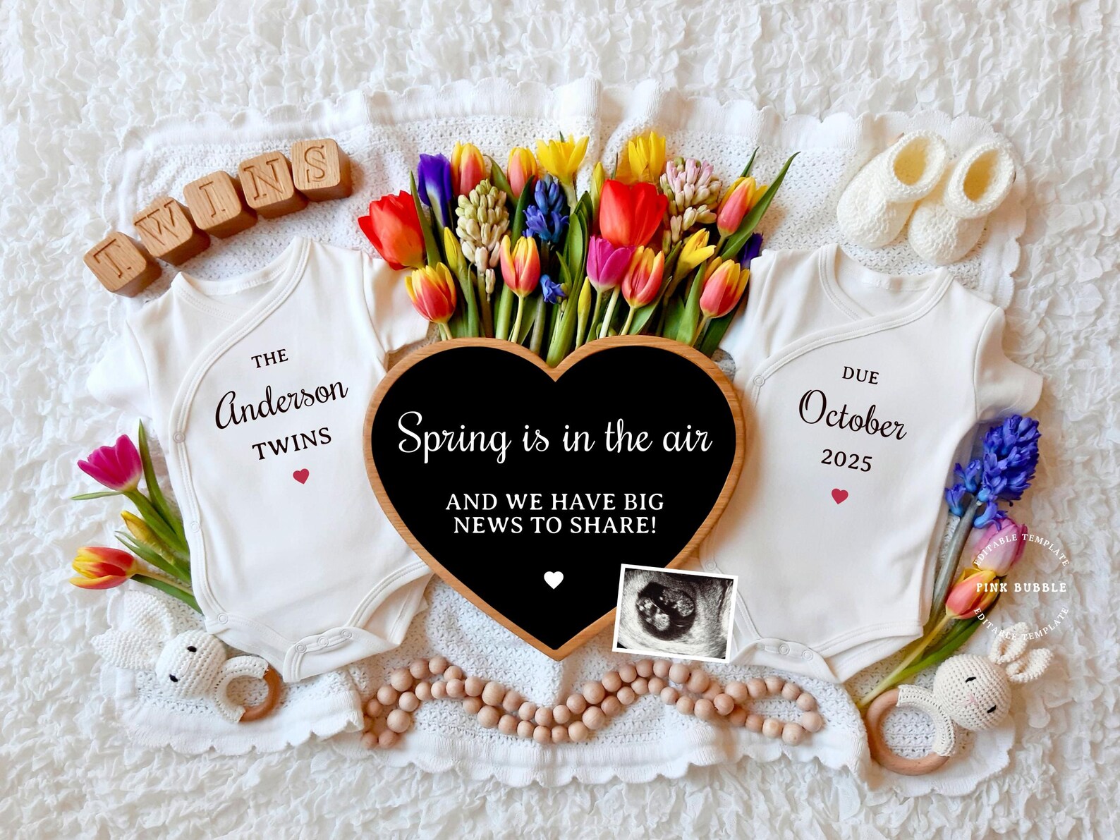 Spring Twin Pregnancy Announcement Digital Twin Baby Announcement ...