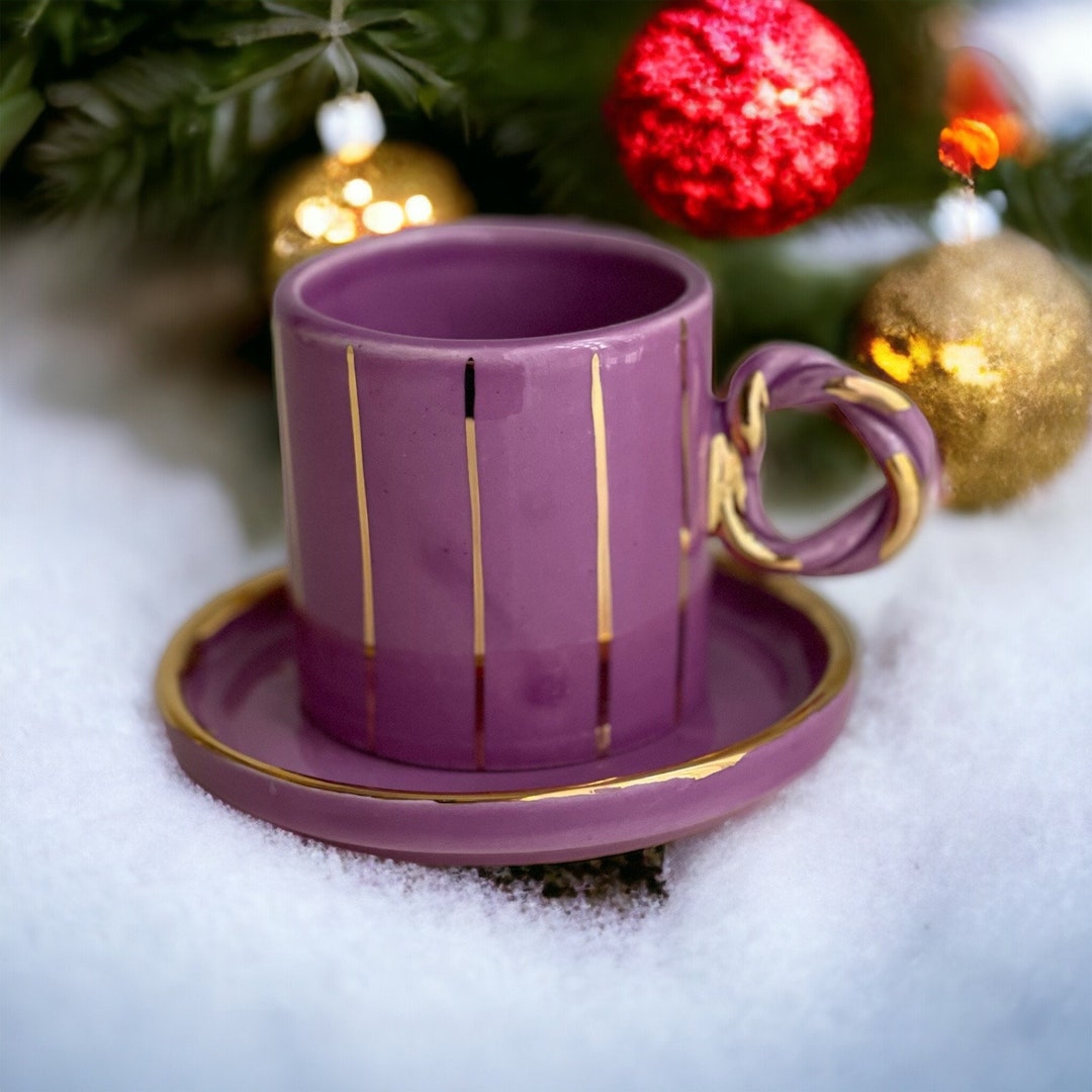 Gold Striped Purple Coffe Cup With Handle - Etsy