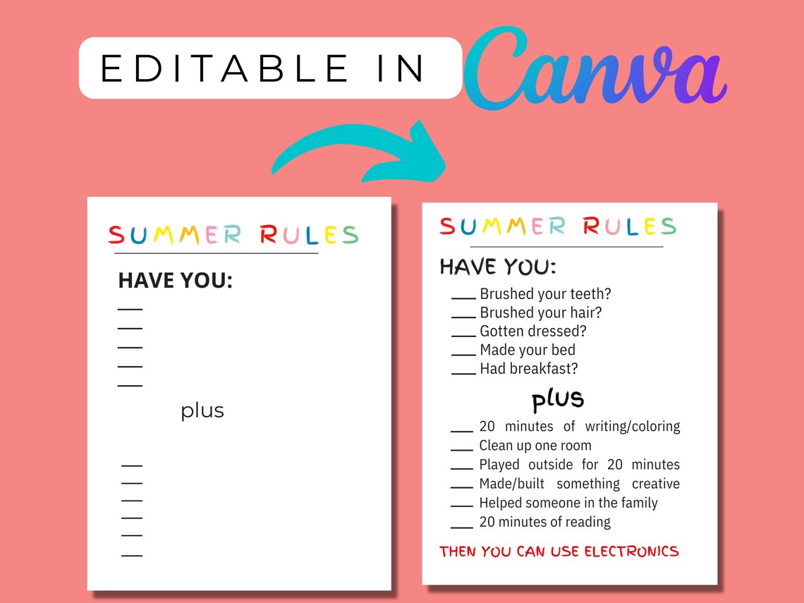 Summer Chore Chart, Chore Chart for Kids, Reward Chart, Chore Chart ...