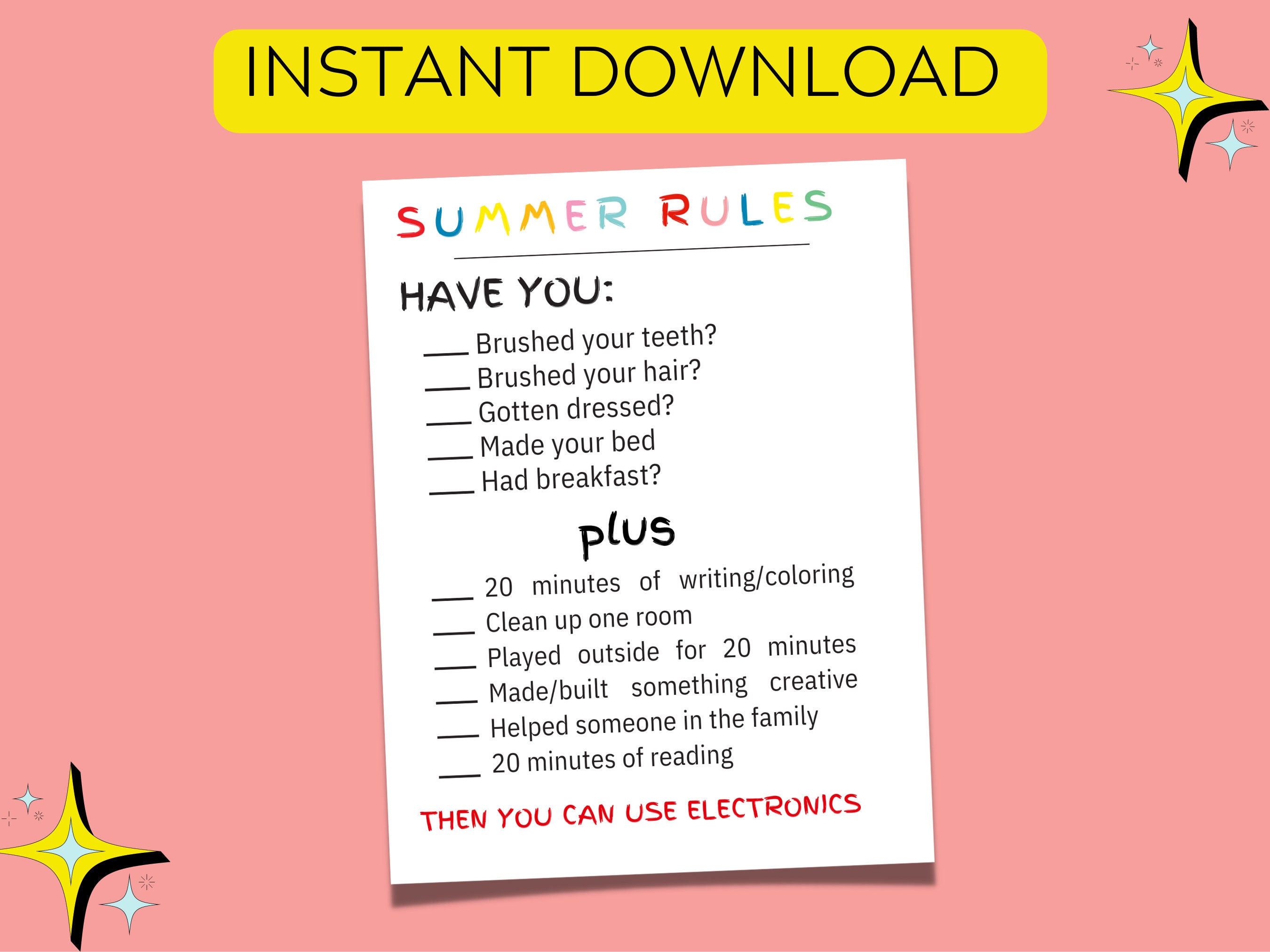 Summer Chore Chart, Chore Chart for Kids, Reward Chart, Chore Chart ...